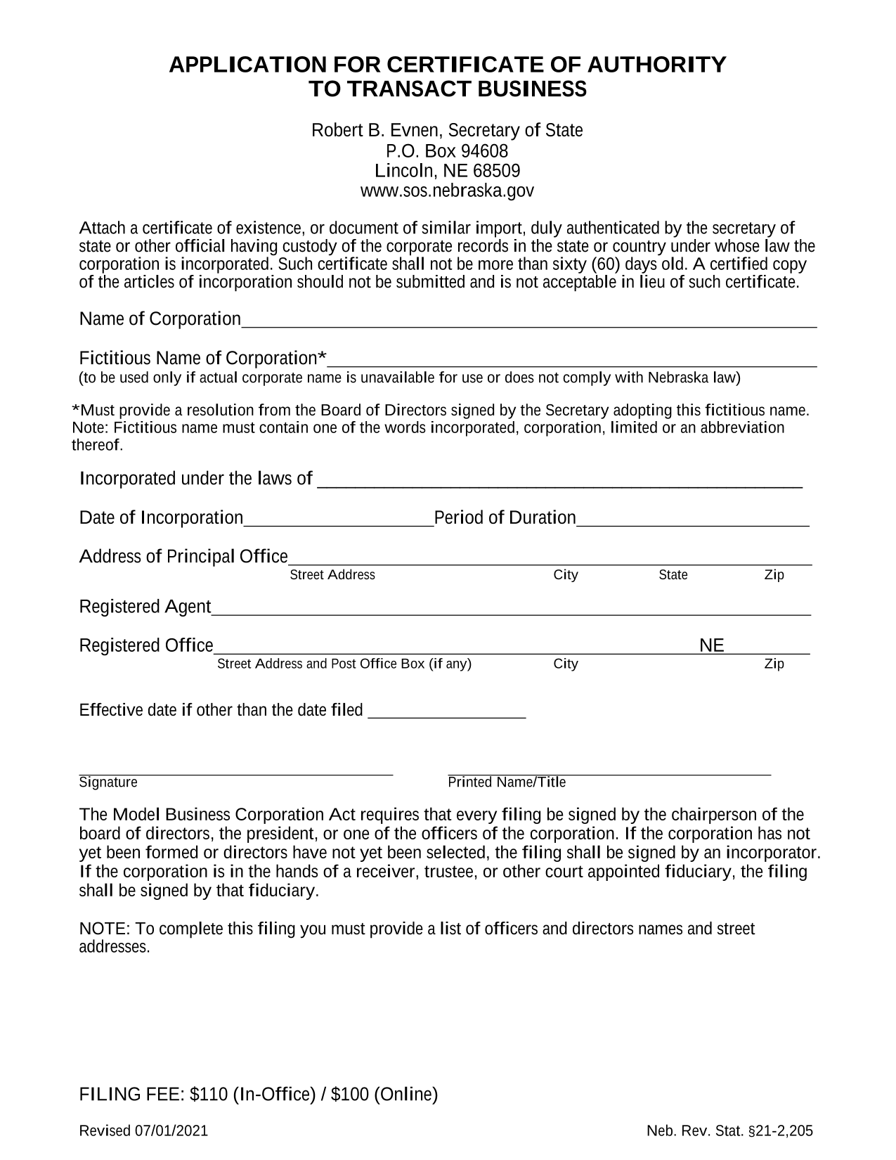 Nebraska Certificate of Authority - Foreign Nebraska Corporation