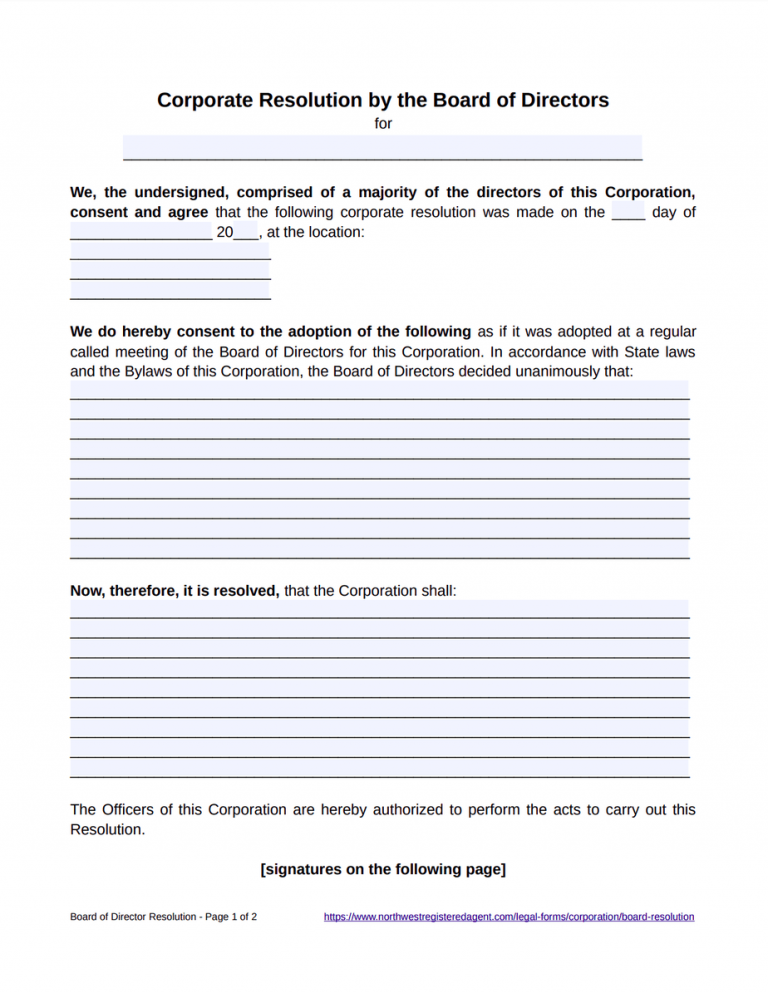 Board of Directors Resolution – FREE Template