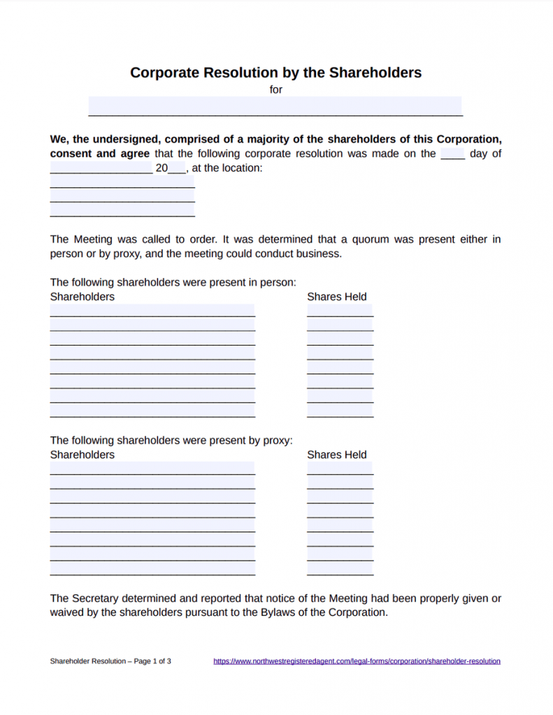 Shareholder Resolution – FREE Template Shareholder Resolution – FREE Template