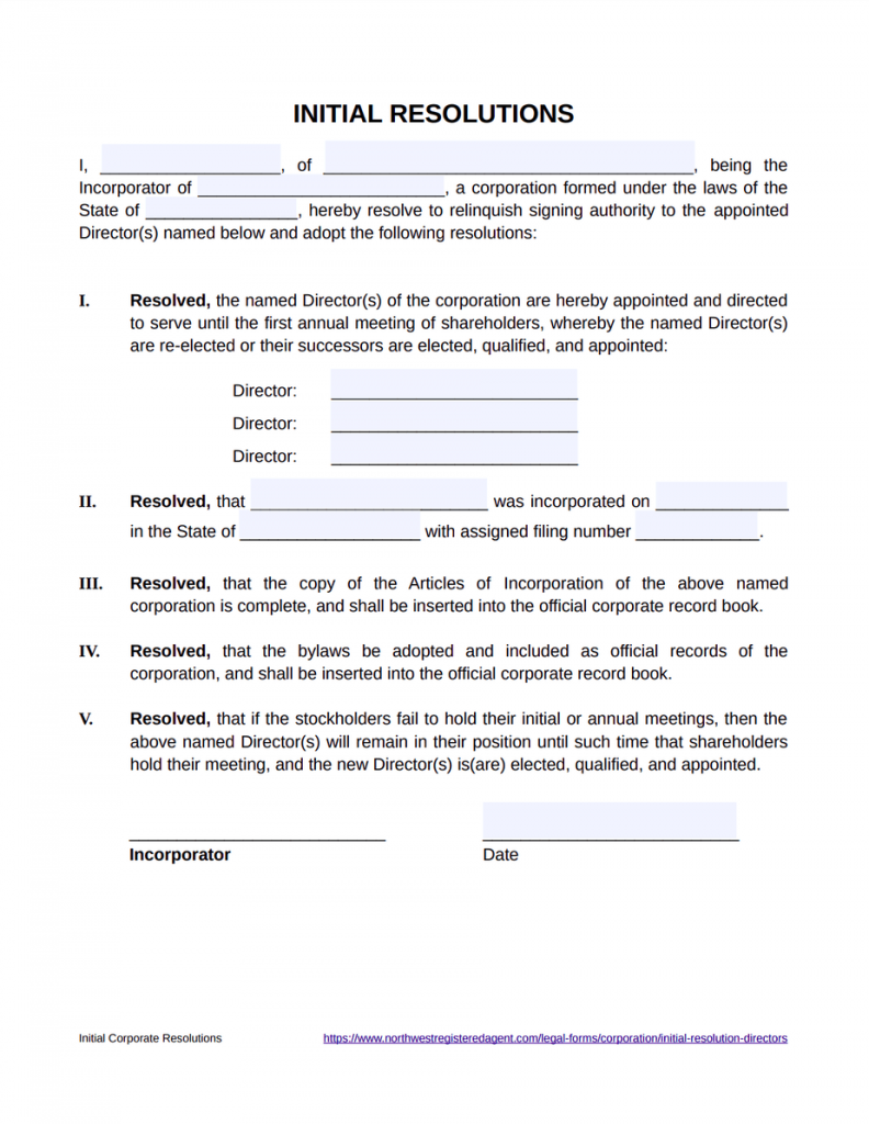 Initial Resolution – Directors Initial Resolution – Directors
