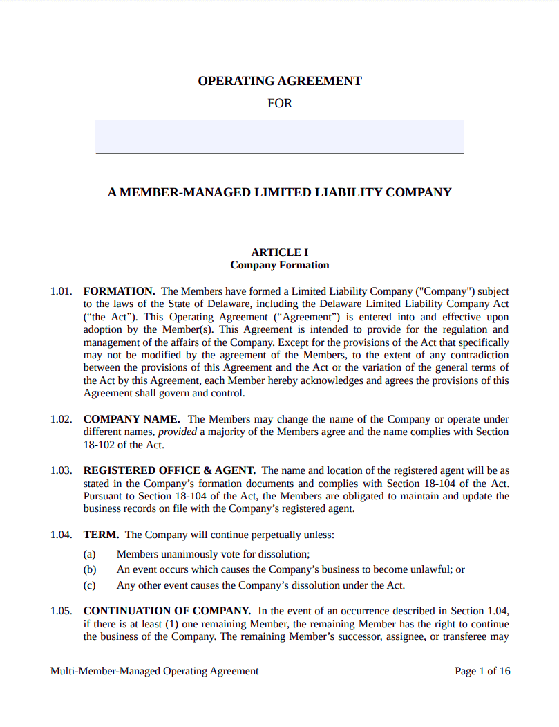 Delaware Operating Agreement - Northwest Registered Agent Delaware Operating Agreement - Northwest Registered Agent